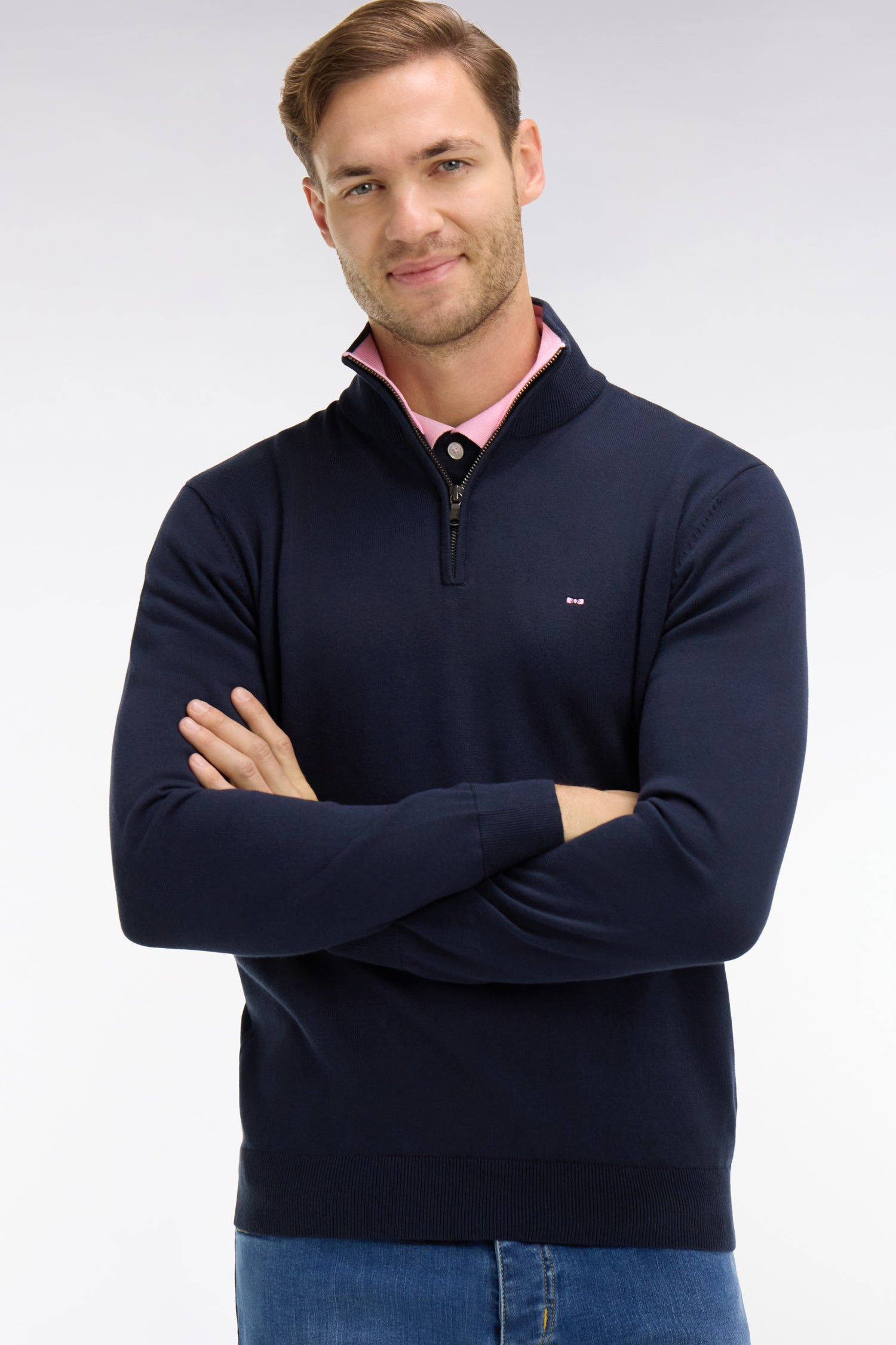 Navy blue cotton jersey jumper with trucker neck – Eden Park